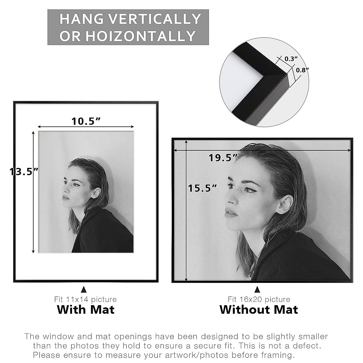 Golden State Art - 16x20 Aluminum Picture Frame - with Mat for 11x14 Photo or Without Mat for 16 x 20 Poster - Real Glass Cover - Simple and Elegant Decor for Wall Mounting - 1 Pack - Black