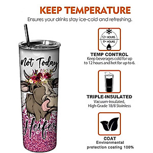 Homega Heifer Straight Tumbler Mug 20oz Cow Skinny Travel Mug Not Today Heifer Vacuum Insulated Coffee Cups Pink Double Wall Thermal Water Bottle for Car Travel Work Sport