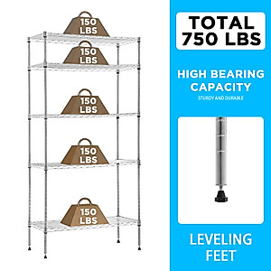 FDW 30" L×14" W×60" H Wire Shelving Unit Commercial Metal Shelf with 5 Tier Casters Adjustable Layer Rack Strong Steel for Restaurant Garage Pantry Kitchen Garage，Chrome