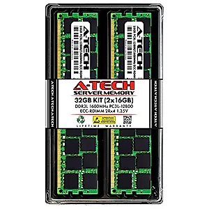 A-Tech 32GB Kit (2x16GB) DDR3/DDR3L 1600MHz PC3L-12800R ECC RDIMM 2Rx4 Dual Rank 1.35V Registered DIMM 240-Pin Server RAM Memory Upgrade Modules (A-Tech Enterprise Series)