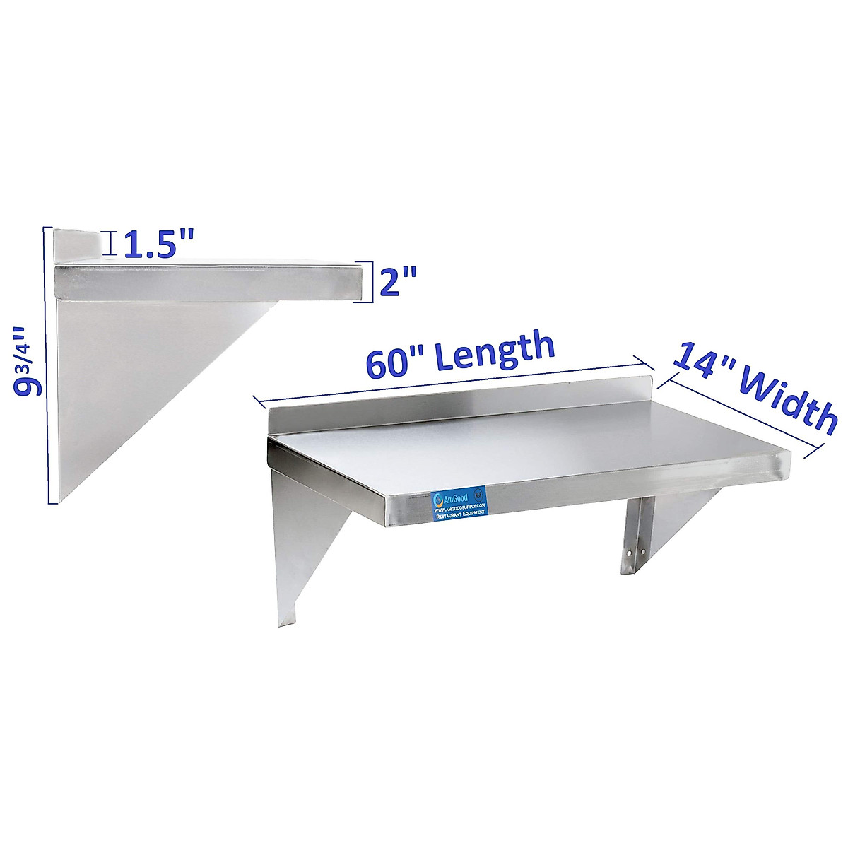 AmGood 14" Width x 60" Length | Stainless Steel Wall Shelf | Square Edge | Metal Shelving | Heavy Duty | Commercial Grade | Wall Mount | NSF Certified