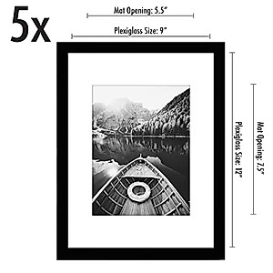 Americanflat 9x12 Picture Frame in Black - Set of 5 - Use as 6x8 Picture Frame with Mat or 9x12 Frame Without Mat - Plexiglass Cover and Sawtooth Hanging Hardware for Horizontal or Vertical Display