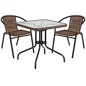 Flash Furniture Lila 28'' Square Glass Metal Table with Dark Brown Rattan Edging and 2 Dark Brown Rattan Stack Chairs