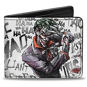 Buckle-Down Men's PU Bifold Wallet-Joker Brilliant-Twisted-Insane-MAD Psycho Pose/Cards White/Grays, Multicolor, 4.0" x 3.5"