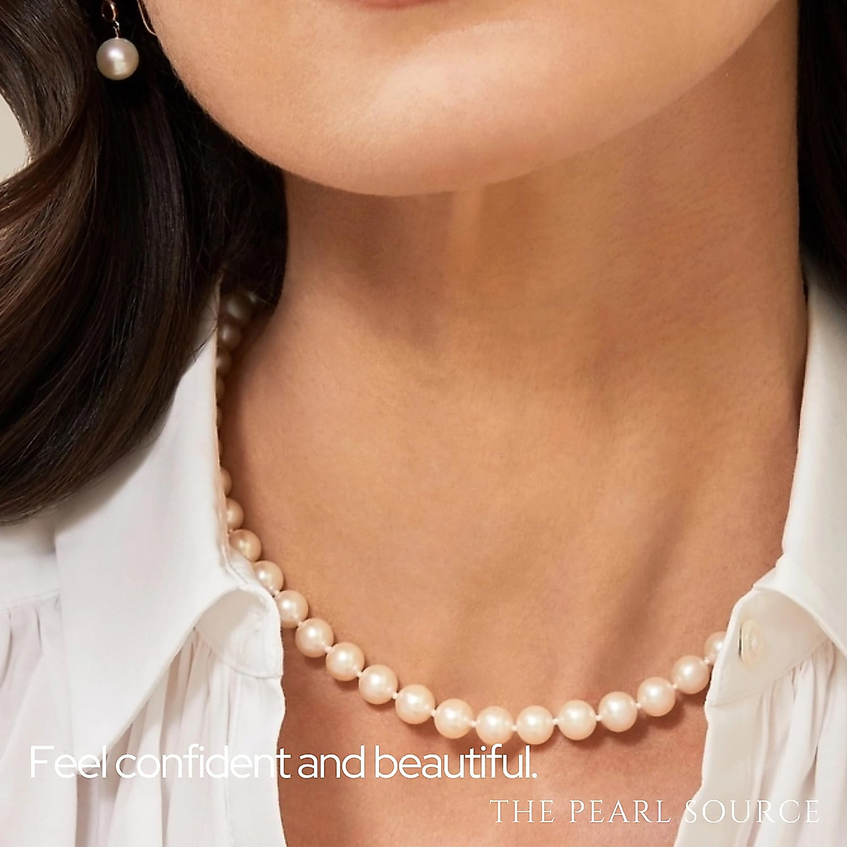 The Pearl Source 14K Gold 6.5-7.0mm Round Genuine White Japanese Akoya Saltwater Cultured Pearl Necklace in 17" Princess Length for Women