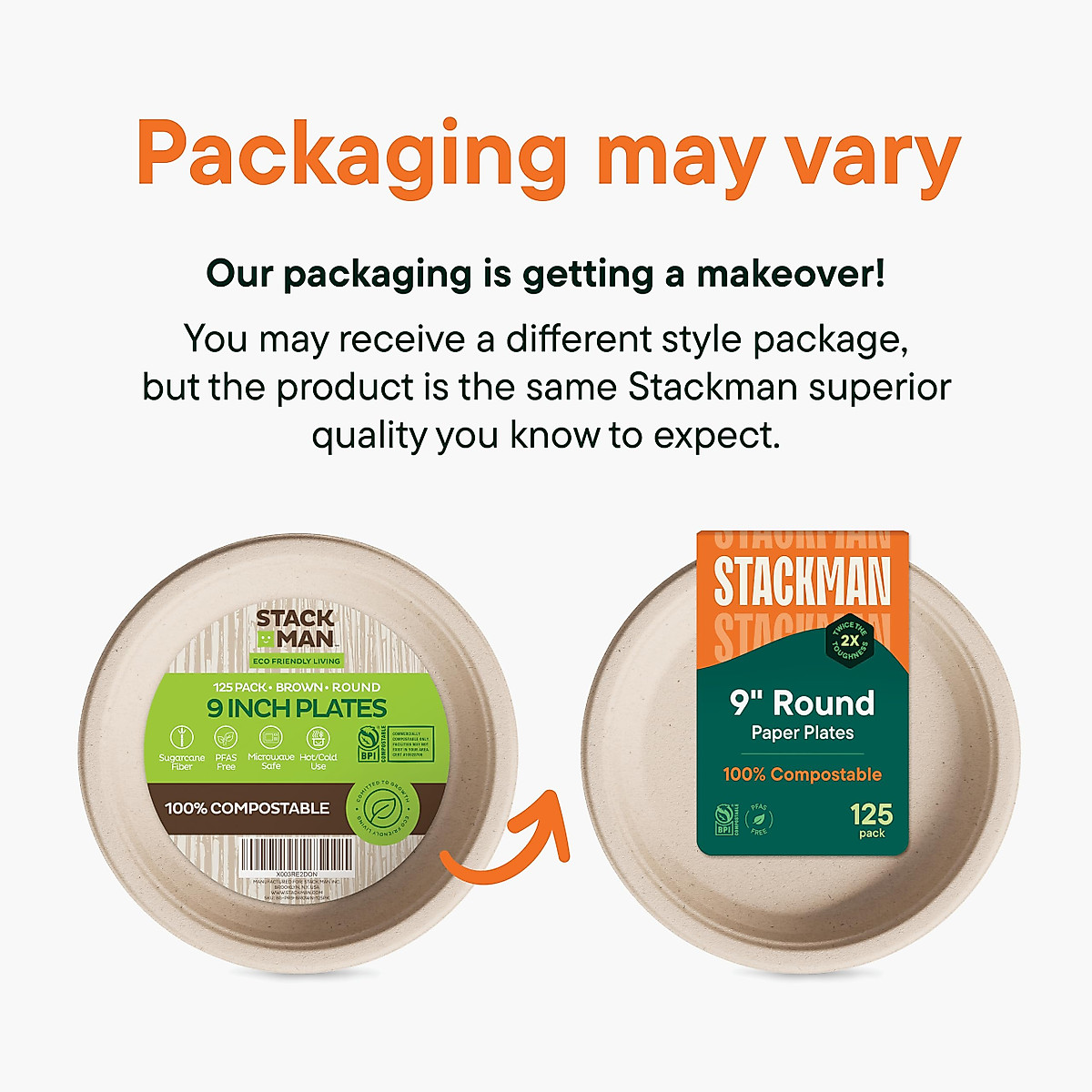 100% Compostable 9 Inch Paper Plates [125-Pack] Heavy-Dut, Natural Disposable Bagasse Plate, Eco-Friendly Made of Sugarcane Fibers - Natural Unbleached Brown 9" Biodegradable Plate by Stack Man