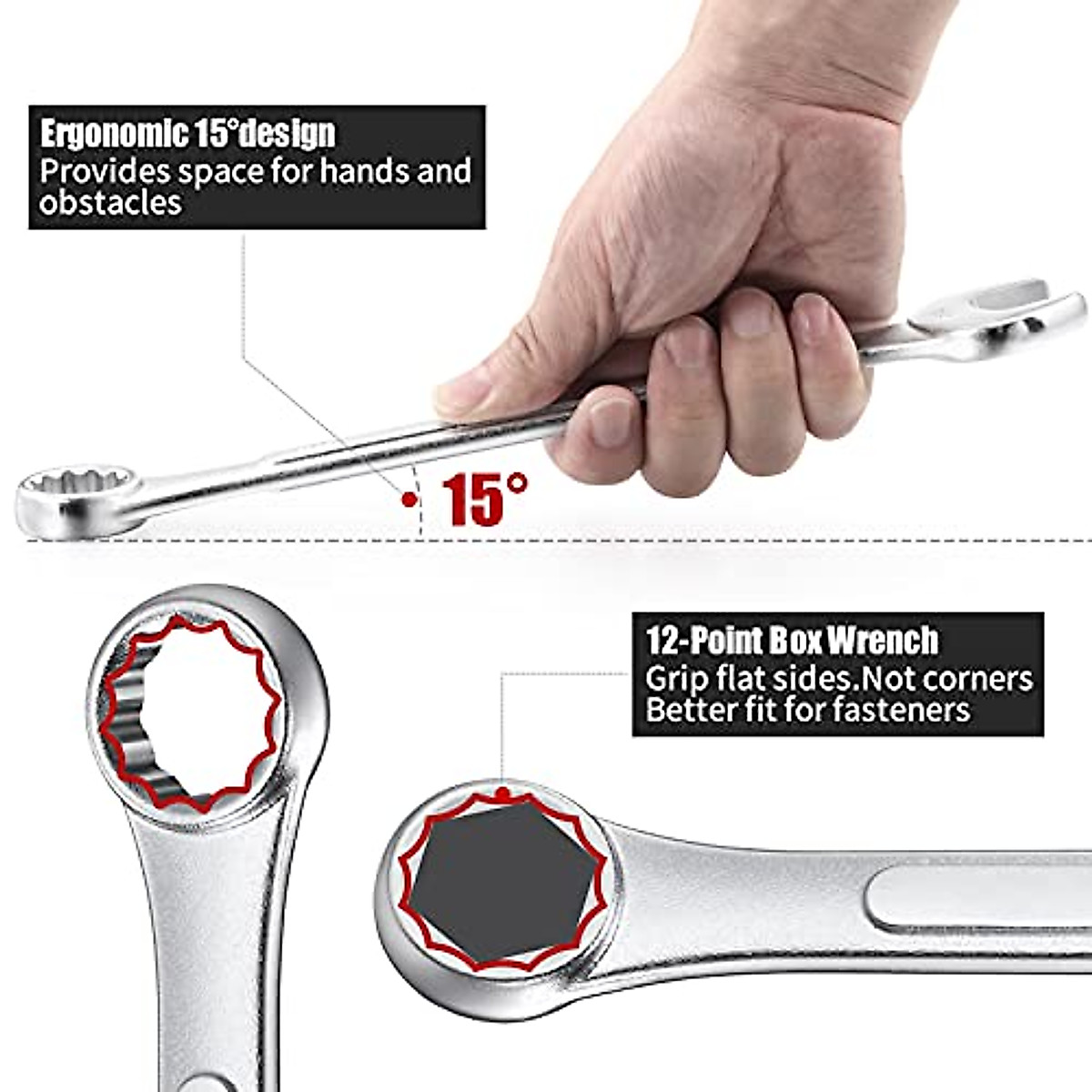 ROCHOOF Combination Wrench Set,33-Piece Chrome Vanadium Steel Wrench Set 12-Point SAE & Metric Wrenches 1/4"-1" and 6-22mm with Rolling Pouch