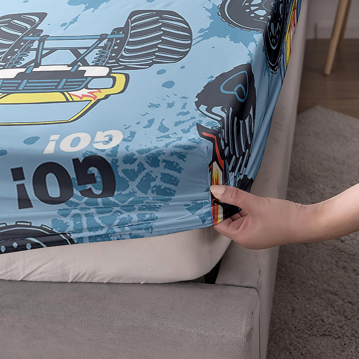 AILONEN Truck Fitted Sheet Set for Boys,Graffiti Blue Monster Truck Bedding Set Twin Size for Kids Boys Teens for Bedroom Decor,1 Fitted Sheet and 2 Pillowcases,3 Pieces