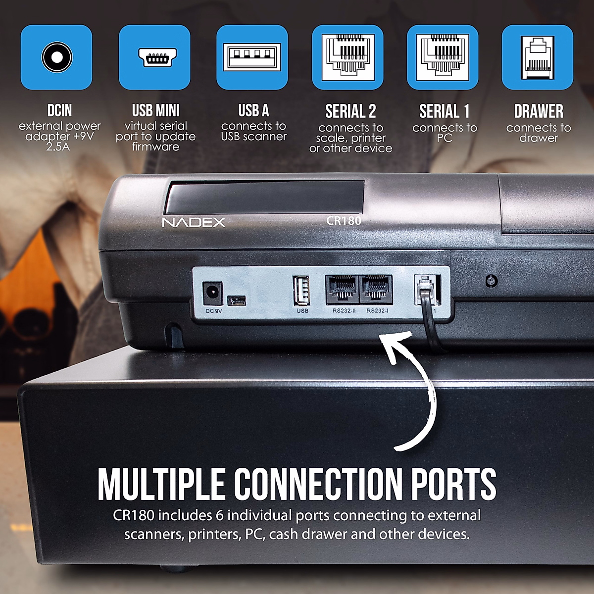 Nadex CR180 Electronic Cash Register, Steel Cash Drawer, Compact Design, Black