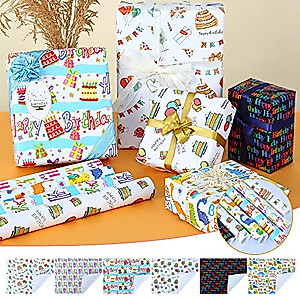 Birthday Wrap Wrapping Paper for Boys Girls Adults Cartoon Coated Paper Sheet Happy Birthday Gift for Kids Holiday Decoration 6 Cute & Funny Different Designs 27.56 x 19.69 Inch (6 PC)