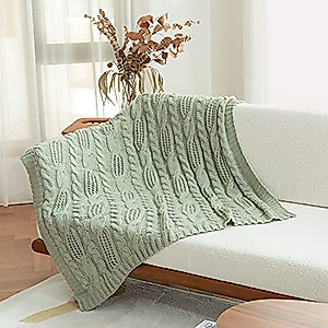 Amélie Home Sage Green Cable Knit Wool Throw Blankets Soft Cozy and Lightweight for Couch Sofa Bedroom, Suitable for Spring Summer, 50'' x 60''