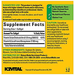 Nature Made Vitamin D3 K2, 5000 IU (125 mcg) Vitamin D, Dietary Supplement for Bone, Teeth, Muscle and Immune Health Support, 30 Softgels, 30 Day Supply
