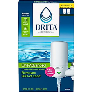 Brita Faucet Mount System, Water Faucet Filtration System with Filter Change Reminder, Reduces Lead, Made Without BPA, Fits Standard Faucets Only, Elite Advanced, White, Includes 2 Replacement Filters