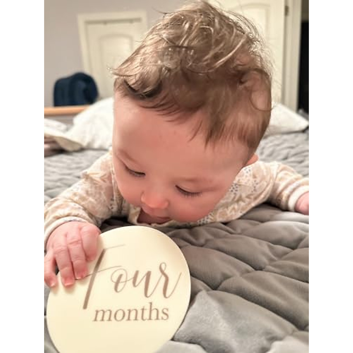 UNIQOOO 13Pcs 4'' Cream White Acrylic Monthly Baby Milestone Printed Cards, Photo Props, Round Baby Months Growth Sign for Boy, Girl Photography, One Month to One Year & Hello World Card, New Baby Gifts