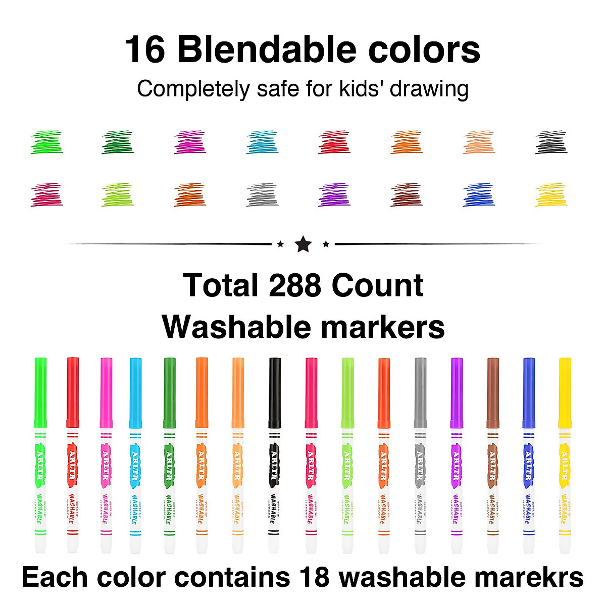 ARLTR Washable Markers Bulk, Bulk Pack of 320 in 16 Vibrant Colors with Super Tip - Perfect for Kids' Classrooms & Teachers