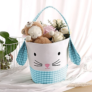 Easter Bunny Basket Egg Bags for Kids,Canvas Cotton Personalized Candy Egg Basket Rabbit Print Buckets Gifts Bags for Easter