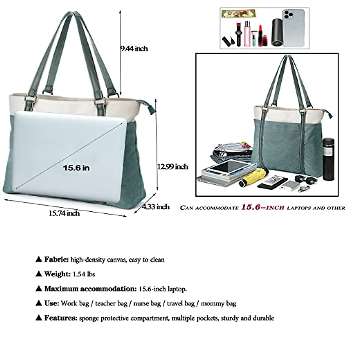 Scioltoo Tote Purses for Women 15.6 In Canvas Teacher Shoulder Bag With Zipper Women's Large Handbags Purse Bag for Work and Travel with Pockets Green
