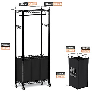 Hodonas Rolling Laundry Basket Organizer with Wheels and Hanging Bar, Laundry Hamper Cart Laundry Sorter 3 Section, Dirty Clothes Hampers for Laundry Bedroom Bathroom w/ 3 Removeable Bags, Black