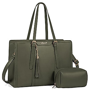 LOVEVOOK Laptop Bag for Women - 15.6 inch Lightweight PU Laptop Tote, Large Capacity Computer Bag with Clutch Purse for Business, Work, Travel, School, Casual (Olive Green, 15.6 Inch)