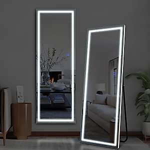 NicBex 63 x 16 Inch Full Length Mirror with LED Lights, Free Standing Floor Mirror, Wall Mounted Mirror, Color Dimmable & Brightness Adjustment for Bedroom, White with Stand