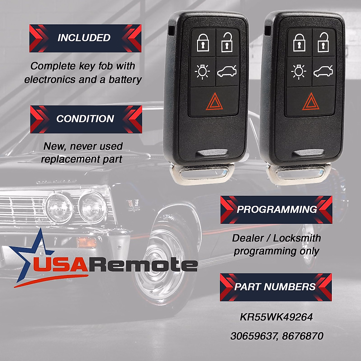 Car Key Fob Keyless Entry Smart Remote fits Volvo S60 S80 V60 V70 XC60 XC70 (KR55WK49264), Set of 2