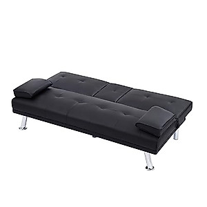 PAPAHUG Convertible Versatile Sleeper Folding Futon Bed,Adjustable Faux Leather Sofa Couch for Living Room,Metal Legs, 2 Cup Holders