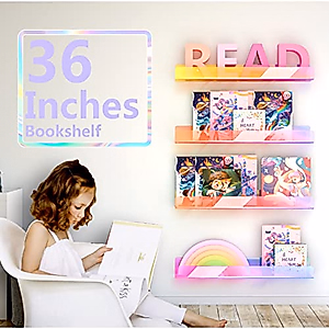 RORKIM 36 inches Iridescent Acrylic Floating Shelf,Wall Mounted Kids Bookshelf, Display Book Shelves for Kids Nursery Toddler Classroom 2 Packs