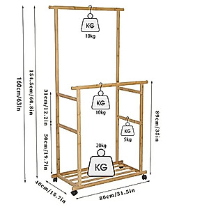 MOUTIK Wood Rolling Clothes Hanging Rack: Heavy Duty Double Rods Clothing Garment Racks - Bamboo Coat Hanger Organizer on Lockable Wheels with Shoes Shelf for Storage Display