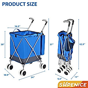 Supenice Folding Grocery Shopping Cart Rolling Utility Cart with 360° Double Front Swivel Wheels Waterproof Removable Canvas Bag with Cover for Laundry Grocery, Shopping, Baggage, Picnic (Blue)