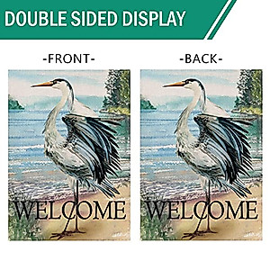 Furiaz Welcome Spring Summer Seabird Coastal Beach Small Decorative Garden Flag, Blue Heron Yard Bird Sea Lake Ocean Home Outside Decoration, Nautical Tropical Outdoor Decor Double Sided 12x18