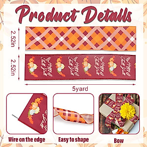 ALIBBON 2 Rolls 2.5" 5 Yd Fall Wired Ribbon Thanksgiving Burlap Ribbons Wine Red Happy Fall Ribbons Brown Orange Buffalo Plaid Ribbons for Wreath DIY Crafting Gifts Wrapping Party Decorations