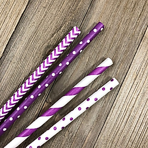 Purple Paper Straws - Stripe Chevron Polka Dot - 7.75 Inches - 100 Pack - Outside the Box Papers Brand