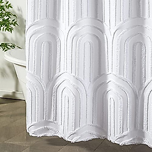 Estmy Boho White Tufted Shower Curtain Sets with Hooks, Simple Modern Chic Cute Rainbow Shape Chenille Stripe Cotton Fabric Shower Curtain Bathroom Decor, Heavy Duty/Water Repellent/Washable