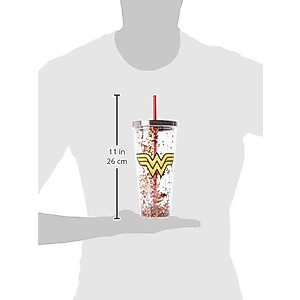 Spoontiques - Glitter Filled Acrylic Tumbler - Glitter Cup with Straw - 20 oz - Stainless Steel Locking Lid with Straw - Double Wall Insulated - BPA Free - Wonder Woman - Red & Gold