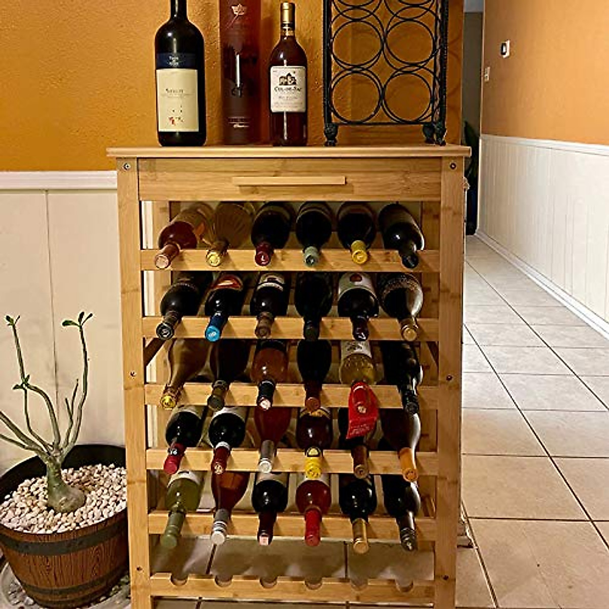 Kinlife Bamboo 6-Tiers Wine Rack with Drawer Free Standing Holder Storage Display Shelves for Storing 36 Bottles with Table Top