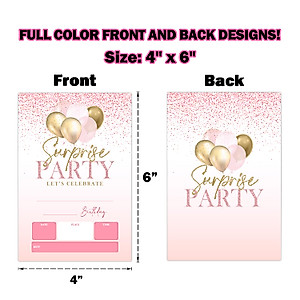 Rose Pink Gold Surprise Birthday Invitations for Women, Pink Balloons Birthday Invites for Adult Boys Girls Teens kids, Any Age Birthday Party Invite Ideas, 20 Invitations with Envelopes - JY709