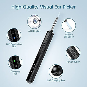 Ear Wax Removal, Ear Cleaner with Camera, Earwax Removal kit with 7 Ear Pick, Ear Cleaner with Camera and Light, Ear Cleaning Kit, 1080P Ear Camera for iOS & Android (Black)