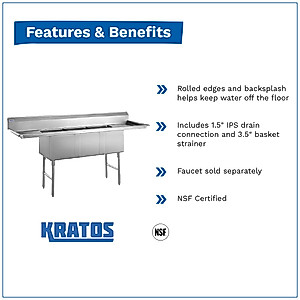 Kratos 29N-001-Commercial NSF 3 Compartment Sink - 16"Wx20"Lx14"H Bowl Size - (2) 18" Drain Boards