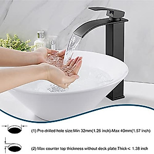 Midanya Tall Waterfall Bathroom Bowl Vessl Sink Faucet Matte Black Single Handle Single Hole Deck Mount Mixer Tap with Large Rectangular Spout Sink Faucet Lavatory Vanity