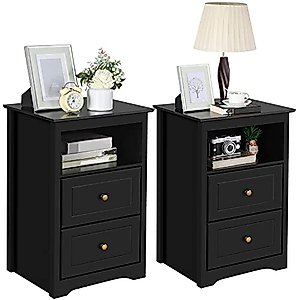Yaheetech Nightstand Set of 2, Wooden Bedside Tables with 2 Drawer and Cubby, 2Pcs Tall Nightstand for Bedroom Small Space, Bedside Cabinet Telephone Table, 19″ L × 16″ W × 29″ H, Black