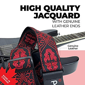 Perris Leather Guitar Strap - Red Crosses Jacquard Ribbon Guitar Strap, with Leather Ends - Electric/Acoustic/Bass Guitar Strap - Adjustable Strap From 39″ to 58″ - Red/Black (TWS-7071)