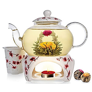 Teabloom Petite Cherry Blossom Teapot & Flowering Tea Gift Set - Glass Teapot (27 OZ / 2-3 Cups), Porcelain Lid, Loose Tea Infuser, Tea Warmer + Candle, 2 Flowering Teas