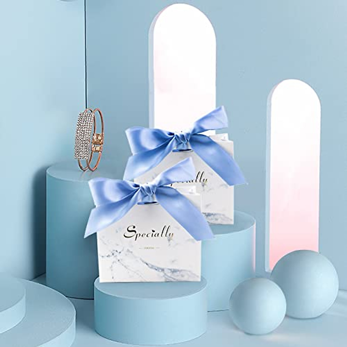 BadenBach 24 Pack Small Thank You Gift Bags with Bow Ribbon,Party Favor Bag Candy Gift Treat Box Wedding Baby Shower Smalll Business Party Supplies(4.5" x 1.8" x 3.9") (Marble Blue)