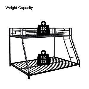 HomJoones Heavy Duty Metal Bunk Bed Twin Over Full Size, Heavy Duty Floor Bunk Beds Frame with Enhanced Upper-Level Guardrail (Black)