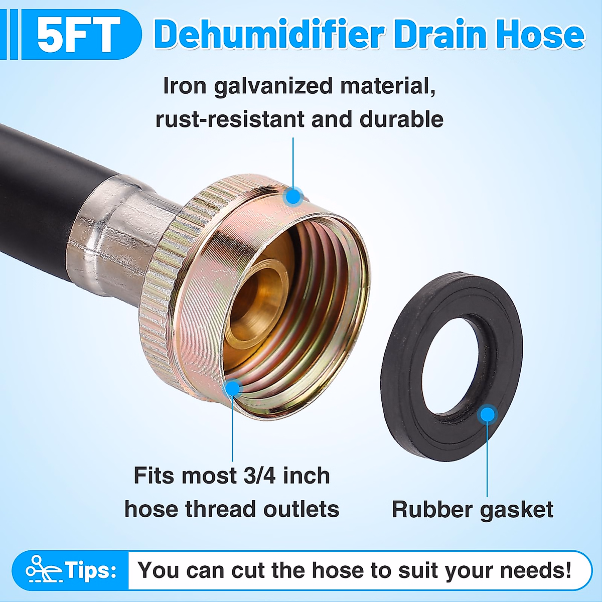 Leakproof Dehumidifier Drain Hose 3/4" FHT - 5 FT Thickened Dehumidifier Hose with Rustproof Durable Connector, No Kink and Easily Coilable, Fits for Most of Dehumidifiers