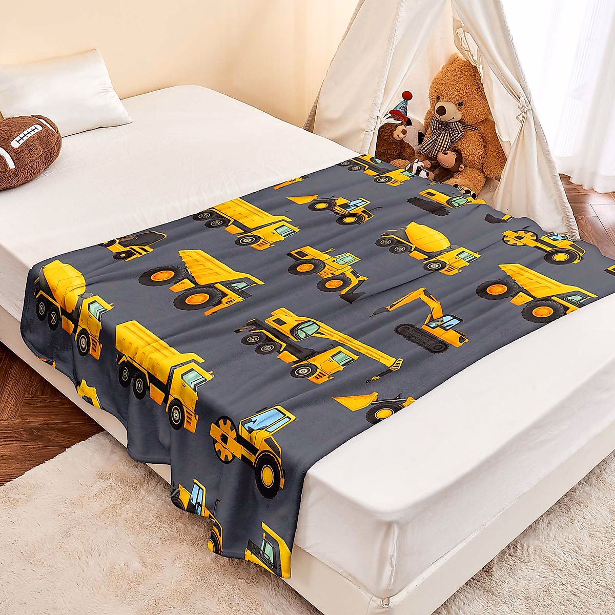 Wajade Kids Construction Truck Blanket for Boys Soft Fleece Kids Blanket for Couch Sofa Bedroom 3D Vehicles Excavator Cars Throw Blanket for Kids 50"x60"