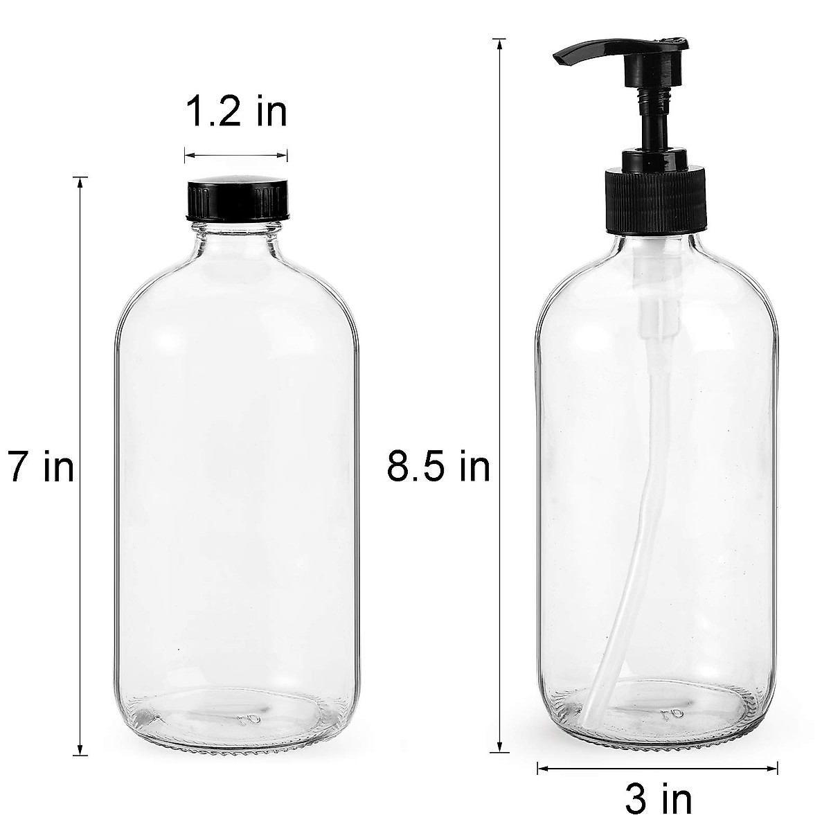 Yarlung 4 Pack 16 Oz Glass Pump Bottles, Clear Refillable Containers Glass Soap Dispenser for Essential Oils, Lotions, Cleaning Products, 4 Black Caps 6 Labels