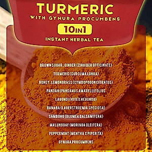 Turmeric Tea 10-in-1 Instant Powder drink w/ Gynura Procumbens Curcuminoids Curcumin Healthy natural herbs and spices Ginger, Lemongrass, Moringa, Naturall (1 Pack)