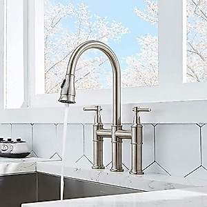 SHACO Brushed Nickel 3 Hole Deck Mount Kitchen Faucet with Pull Down Sprayer, 360 Swivel, Solid Large Faucet for Kitchen Sink