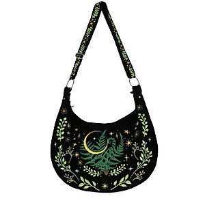 Restyle Herbal Hobo Bag Crescent Moon Stars Fern Leaf Witchy Gothic Embroidered